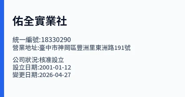 佑全實業社的照片-統編 18330290(臺中市) 公司登記資料與營業項目詳細圖表