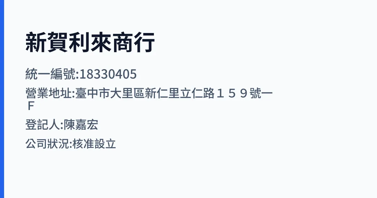 新賀利來商行 - 統編 18330405(臺中市) 公司登記資料與營業項目詳細圖表