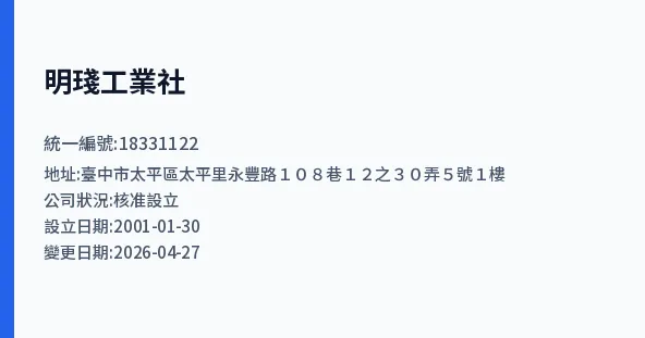 明琖工業社的照片-統編 18331122(臺中市) 公司登記資料與營業項目詳細圖表