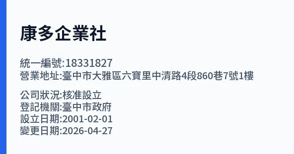 康多企業社的照片-統編 18331827(臺中市) 公司登記資料與營業項目詳細圖表