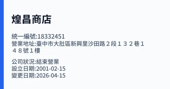 煌昌商店的照片-統編 18332451(臺中市) 公司登記資料與營業項目詳細圖表