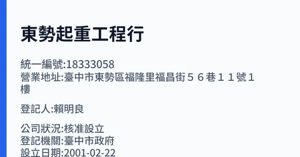 東勢起重工程行的照片-統編 18333058(臺中市) 公司登記資料與營業項目詳細圖表