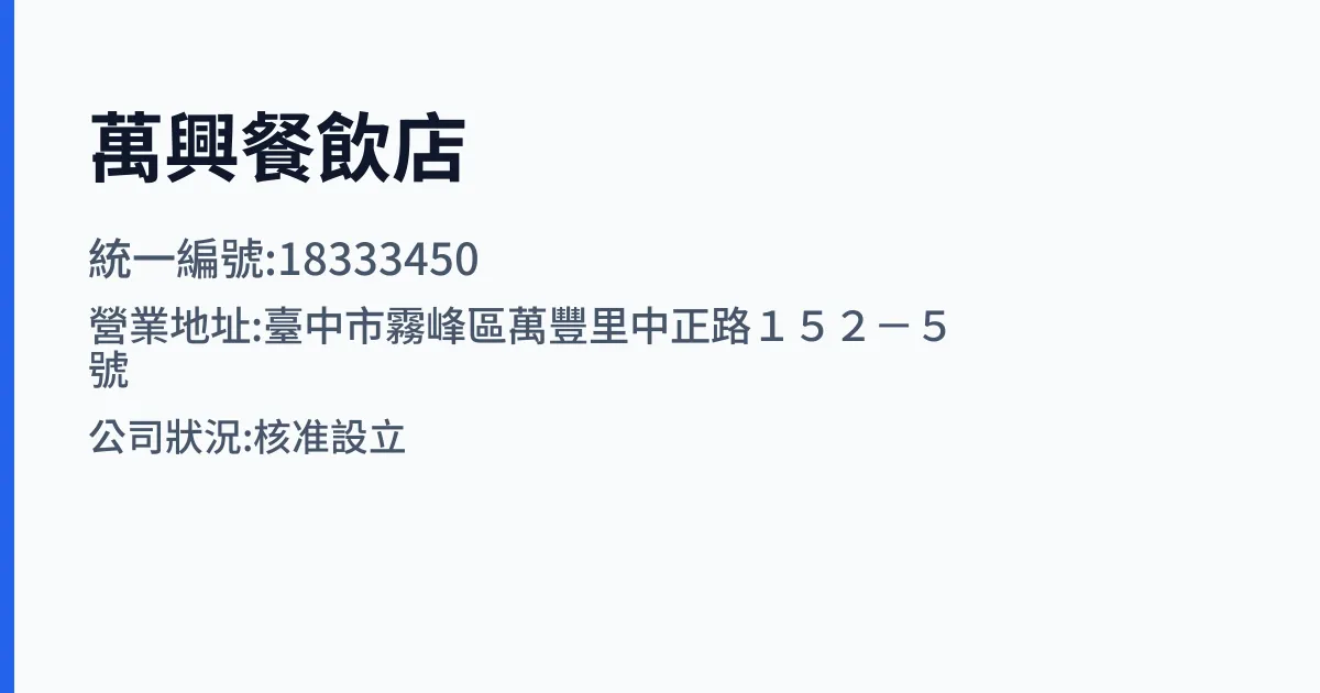 萬興餐飲店 - 統編 18333450(臺中市) 公司登記資料與營業項目詳細圖表