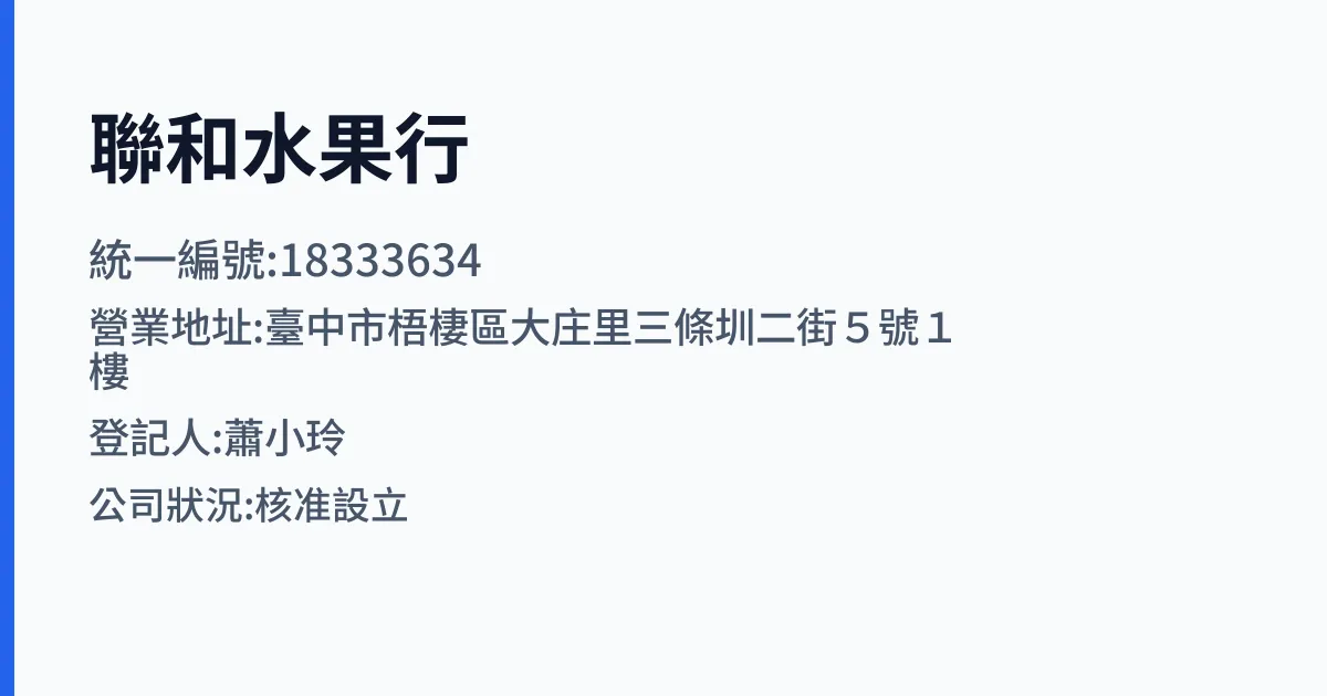 聯和水果行 - 統編 18333634(臺中市) 公司登記資料與營業項目詳細圖表