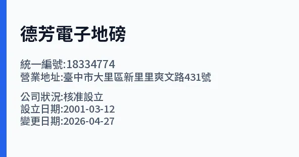 德芳電子地磅的照片-統編 18334774(臺中市) 公司登記資料與營業項目詳細圖表