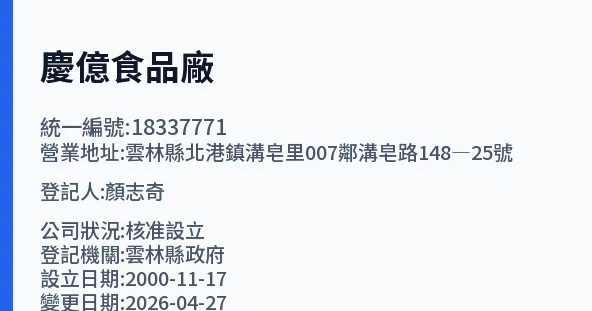 慶億食品廠的照片-統編 18337771(雲林縣) 公司登記資料與營業項目詳細圖表