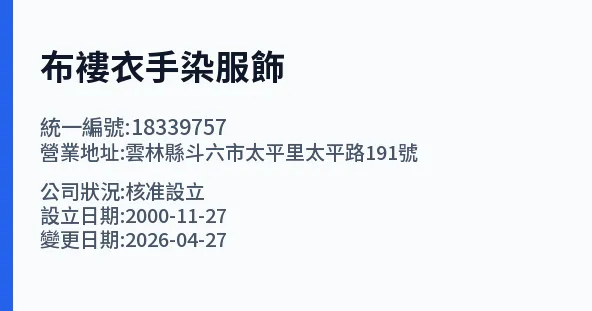 布褸衣手染服飾的照片-統編 18339757(雲林縣) 公司登記資料與營業項目詳細圖表