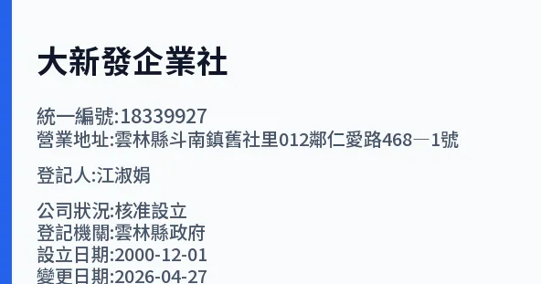 大新發企業社的照片-統編 18339927(雲林縣) 公司登記資料與營業項目詳細圖表