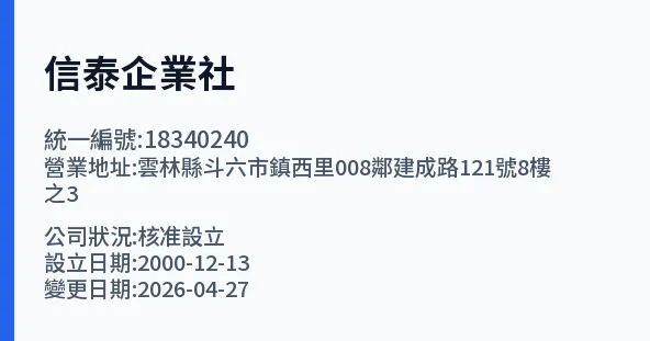 信泰企業社的照片-統編 18340240(雲林縣) 公司登記資料與營業項目詳細圖表