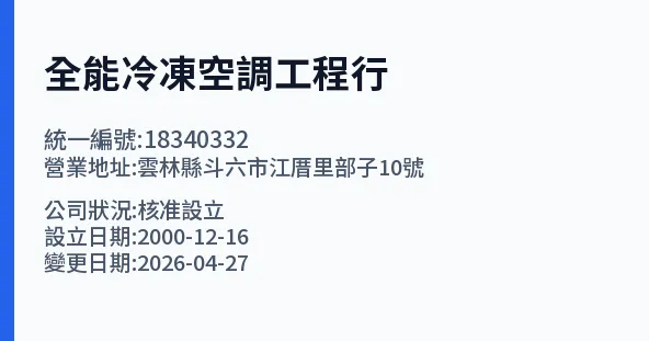 全能冷凍空調工程行的照片-統編 18340332(雲林縣) 公司登記資料與營業項目詳細圖表