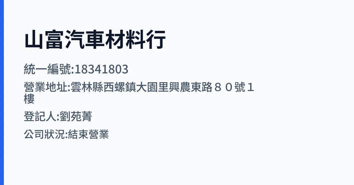 山富汽車材料行 - 統編 18341803(雲林縣) 公司登記資料與營業項目詳細圖表
