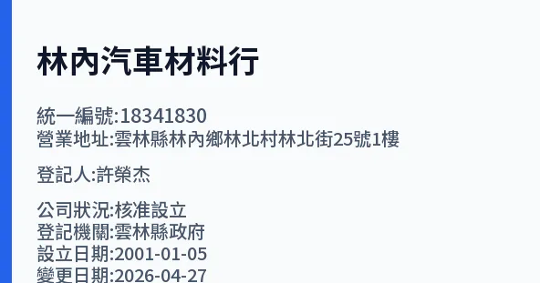 林內汽車材料行的照片-統編 18341830(雲林縣) 公司登記資料與營業項目詳細圖表