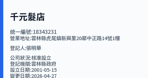 千元髮店的照片-統編 18343231(雲林縣) 公司登記資料與營業項目詳細圖表