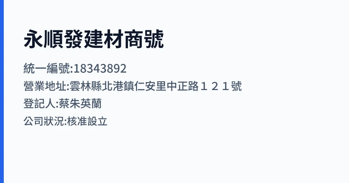 永順發建材商號 - 統編 18343892(雲林縣) 公司登記資料與營業項目詳細圖表