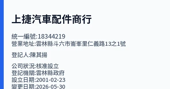 上捷汽車配件商行的照片-統編 18344219(雲林縣) 公司登記資料與營業項目詳細圖表