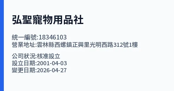 弘聖寵物用品社的照片-統編 18346103(雲林縣) 公司登記資料與營業項目詳細圖表