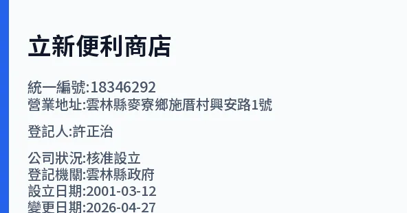 立新便利商店的照片-統編 18346292(雲林縣) 公司登記資料與營業項目詳細圖表
