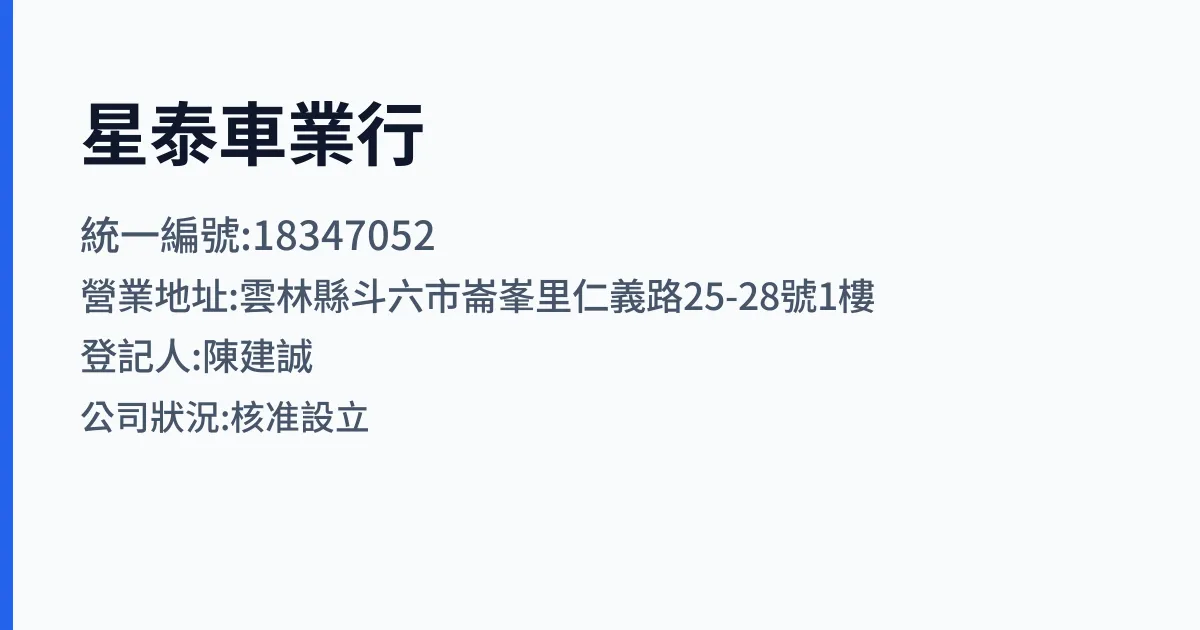 星泰車業行 - 統編 18347052(雲林縣) 公司登記資料與營業項目詳細圖表