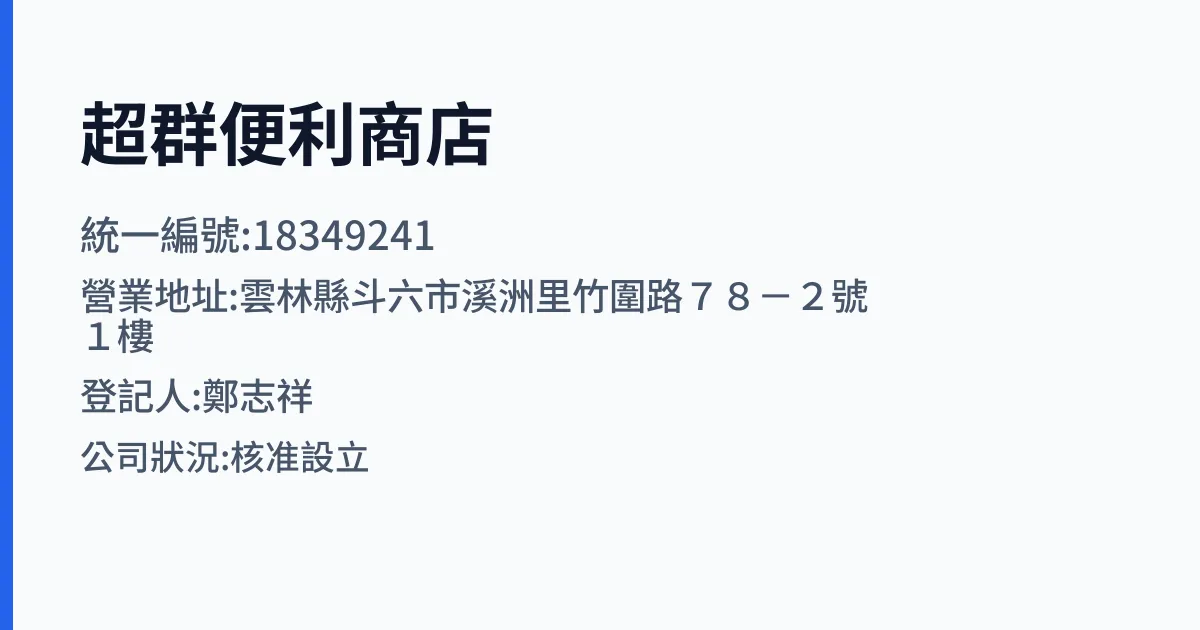 超群便利商店 - 統編 18349241(雲林縣) 公司登記資料與營業項目詳細圖表