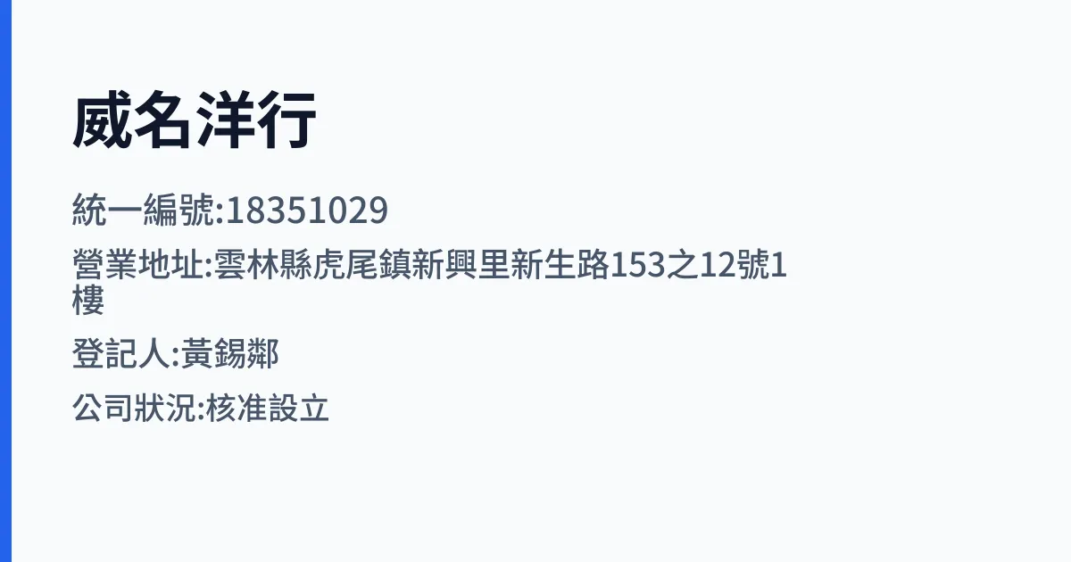 威名洋行 - 統編 18351029(雲林縣) 公司登記資料與營業項目詳細圖表