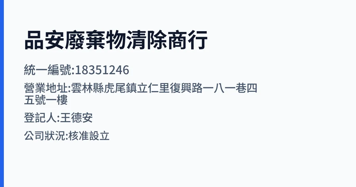 品安廢棄物清除商行 - 統編 18351246(雲林縣) 公司登記資料與營業項目詳細圖表