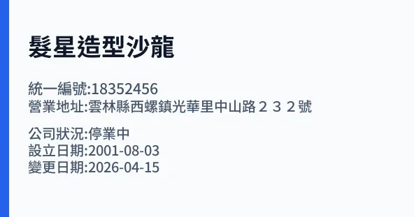 髮星造型沙龍的照片-統編 18352456(雲林縣) 公司登記資料與營業項目詳細圖表