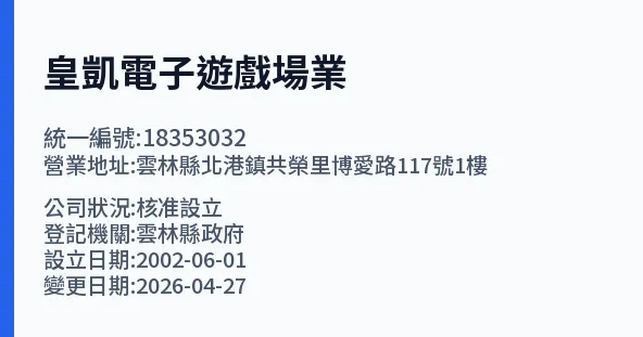皇凱電子遊戲場業的照片-統編 18353032(雲林縣) 公司登記資料與營業項目詳細圖表