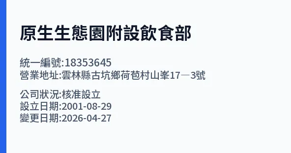 原生生態園附設飲食部的照片-統編 18353645(雲林縣) 公司登記資料與營業項目詳細圖表
