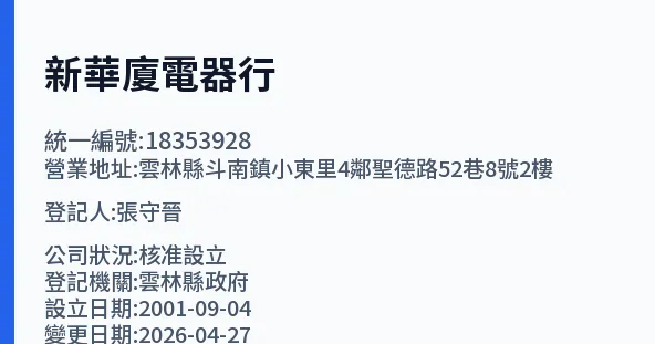 新華廈電器行的照片-統編 18353928(雲林縣) 公司登記資料與營業項目詳細圖表