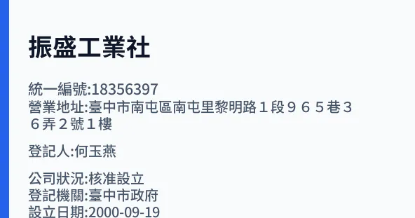 振盛工業社的照片-統編 18356397(臺中市) 公司登記資料與營業項目詳細圖表