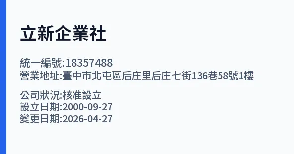 立新企業社的照片-統編 18357488(臺中市) 公司登記資料與營業項目詳細圖表