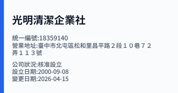 光明清潔企業社的照片-統編 18359140(臺中市) 公司登記資料與營業項目詳細圖表