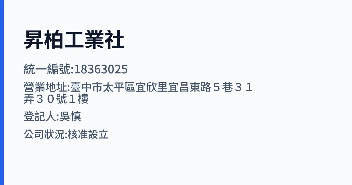 昇柏工業社 - 統編 18363025(臺中市) 公司登記資料與營業項目詳細圖表