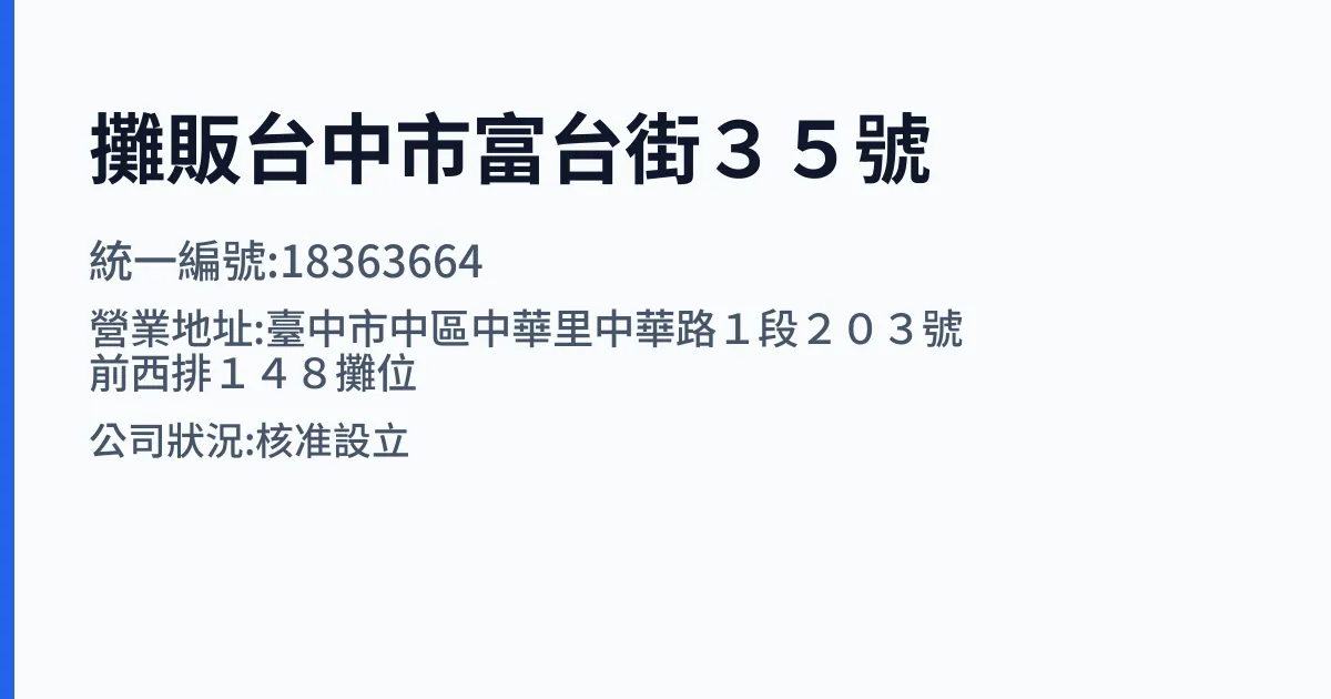 攤販台中市富台街３５號 - 統編 18363664(臺中市) 公司登記資料與營業項目詳細圖表