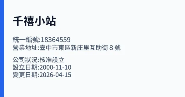 千禧小站的照片-統編 18364559(臺中市) 公司登記資料與營業項目詳細圖表