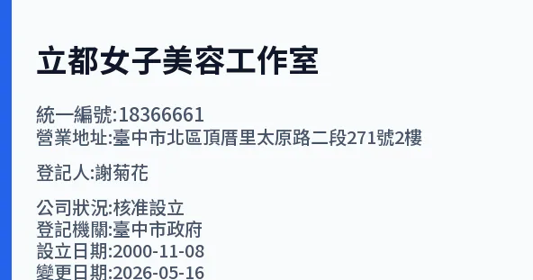 立都女子美容工作室的照片-統編 18366661(臺中市) 公司登記資料與營業項目詳細圖表