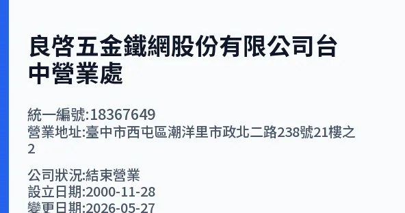 良啓五金鐵網股份有限公司台中營業處的照片-統編 18367649(臺中市) 公司登記資料與營業項目詳細圖表