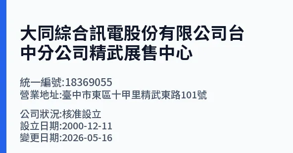 大同綜合訊電股份有限公司台中分公司精武展售中心的照片-統編 18369055(臺中市) 公司登記資料與營業項目詳細圖表