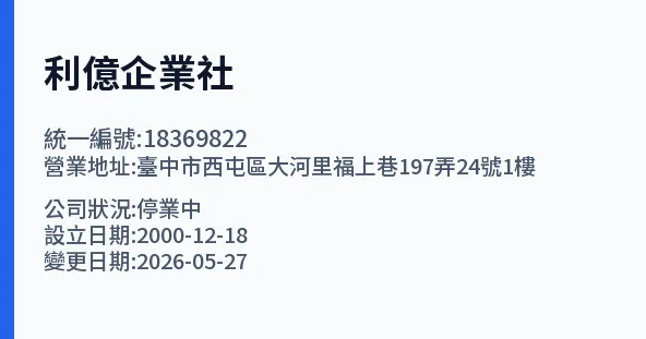 利億企業社的照片-統編 18369822(臺中市) 公司登記資料與營業項目詳細圖表