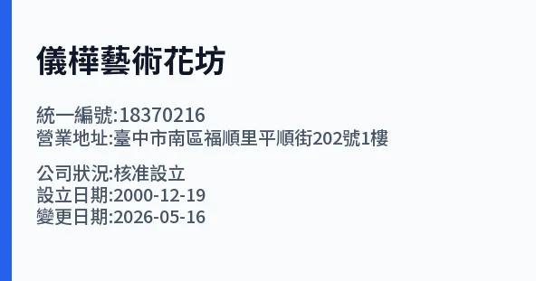 儀樺藝術花坊的照片-統編 18370216(臺中市) 公司登記資料與營業項目詳細圖表