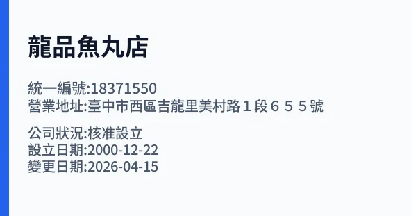 龍品魚丸店的照片-統編 18371550(臺中市) 公司登記資料與營業項目詳細圖表