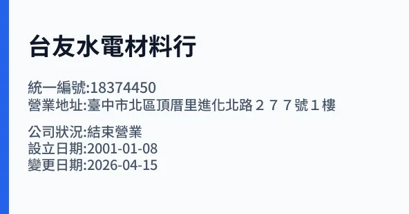 台友水電材料行的照片-統編 18374450(臺中市) 公司登記資料與營業項目詳細圖表