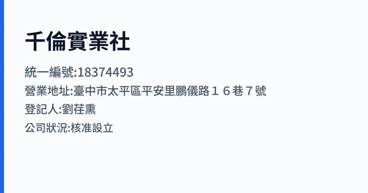 千倫實業社 - 統編 18374493(臺中市) 公司登記資料與營業項目詳細圖表