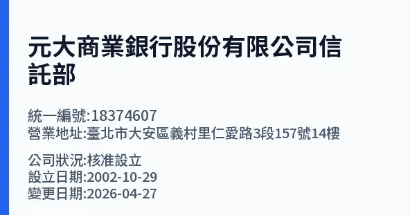 元大商業銀行股份有限公司信託部的照片-統編 18374607(臺北市) 公司登記資料與營業項目詳細圖表