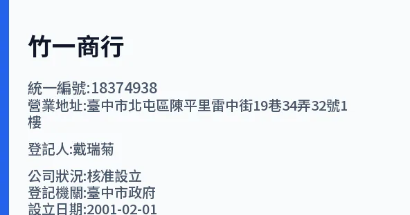 竹一商行的照片-統編 18374938(臺中市) 公司登記資料與營業項目詳細圖表