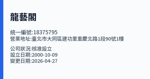 龍藝閣的照片-統編 18375795(臺北市) 公司登記資料與營業項目詳細圖表