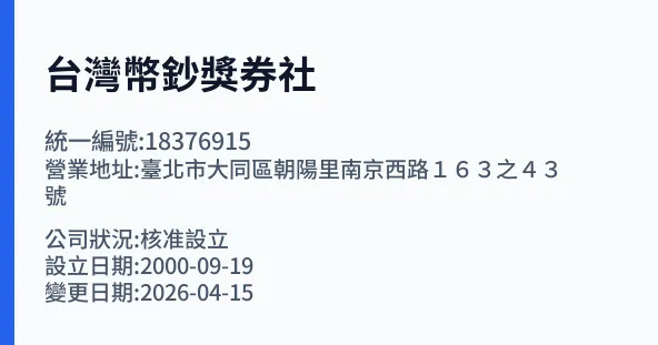 台灣幣鈔獎券社的照片-統編 18376915(臺北市) 公司登記資料與營業項目詳細圖表