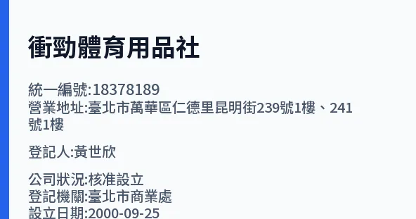 衝勁體育用品社的照片-統編 18378189(臺北市) 公司登記資料與營業項目詳細圖表