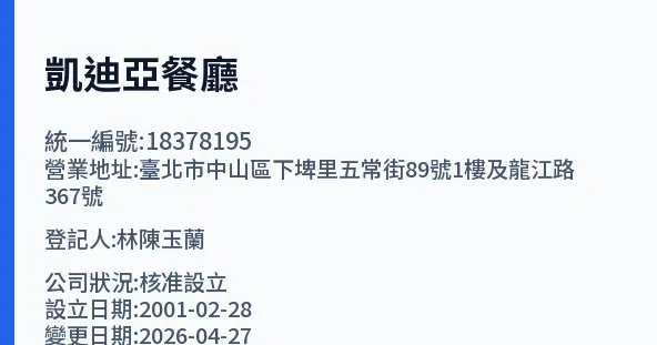 凱迪亞餐廳的照片-統編 18378195(臺北市) 公司登記資料與營業項目詳細圖表