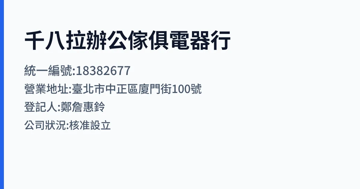 千八拉辦公傢俱電器行 - 統編 18382677(臺北市) 公司登記資料與營業項目詳細圖表
